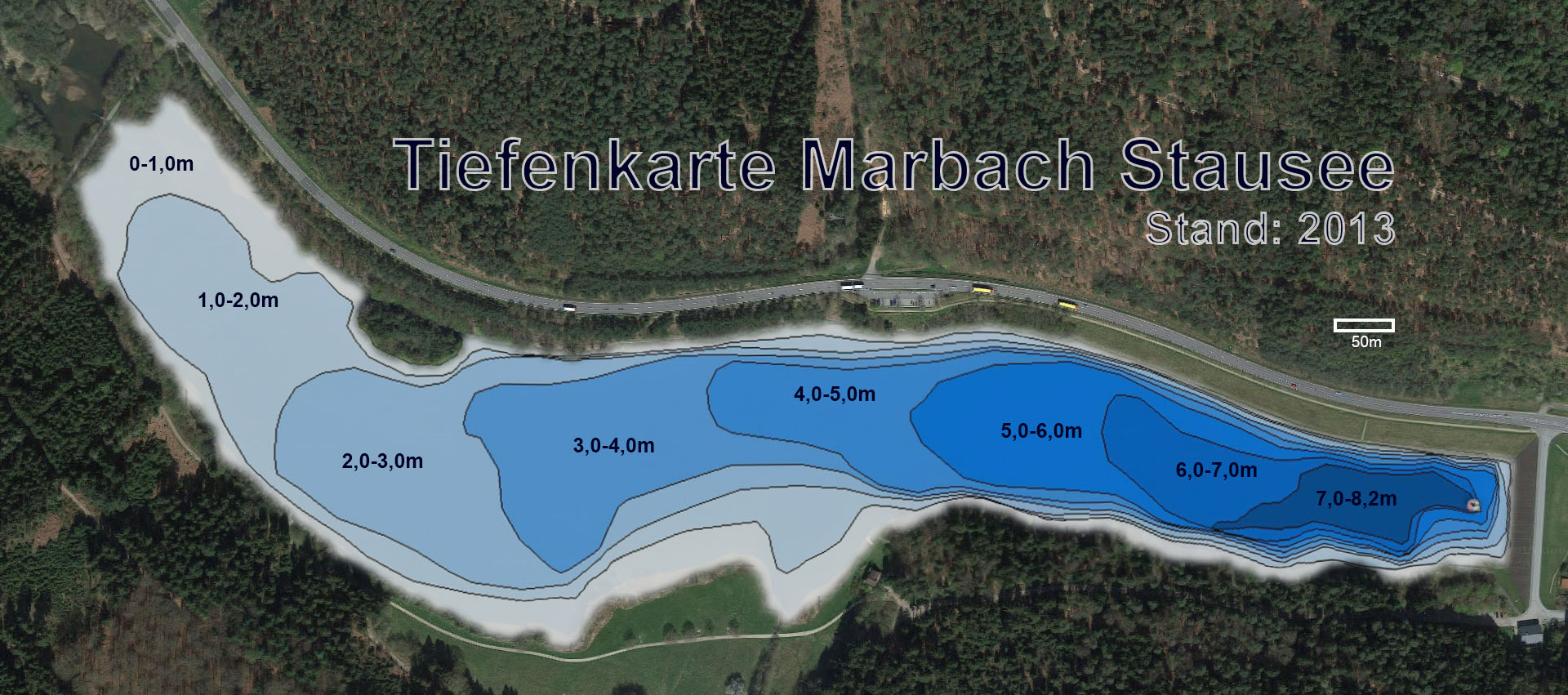Tiefenkarte vom Marbach Stausee – Angelsportverein 1977 e.V. Breuberg